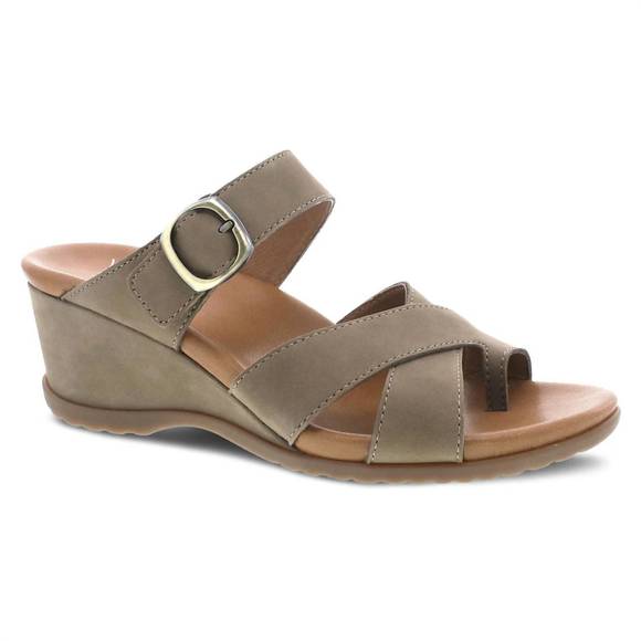 Dansko | Shoes | New Dansko Womens Aubree Strappy Toe Loop Slide Wedge Sandal In Taupe Nubuck ...